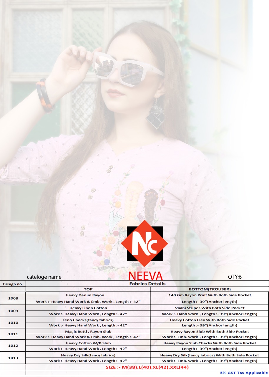 Neeti Neeva 1008-1013 series 5760 + 5% Gst Extra - Kurti With Trouser Pants